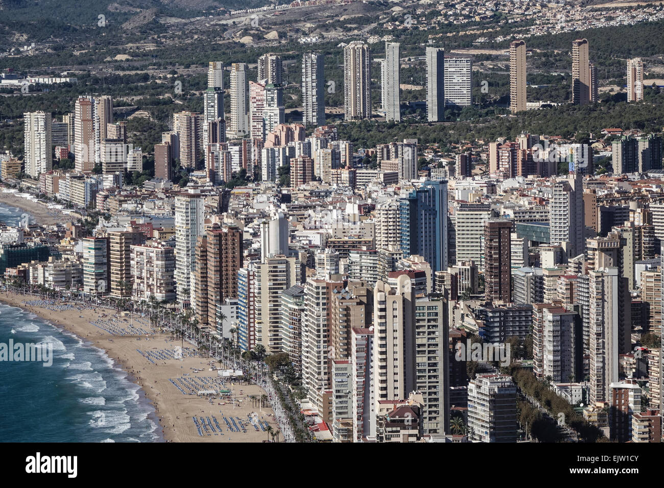 Benidorm aerial view from the cross overlooking the town, playa levante ...
