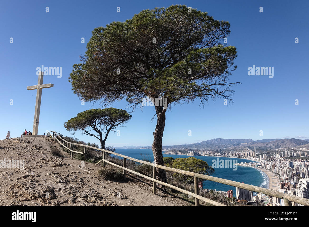 Benidorm aerial view cross, crucifix on the hill overlooking the town ...