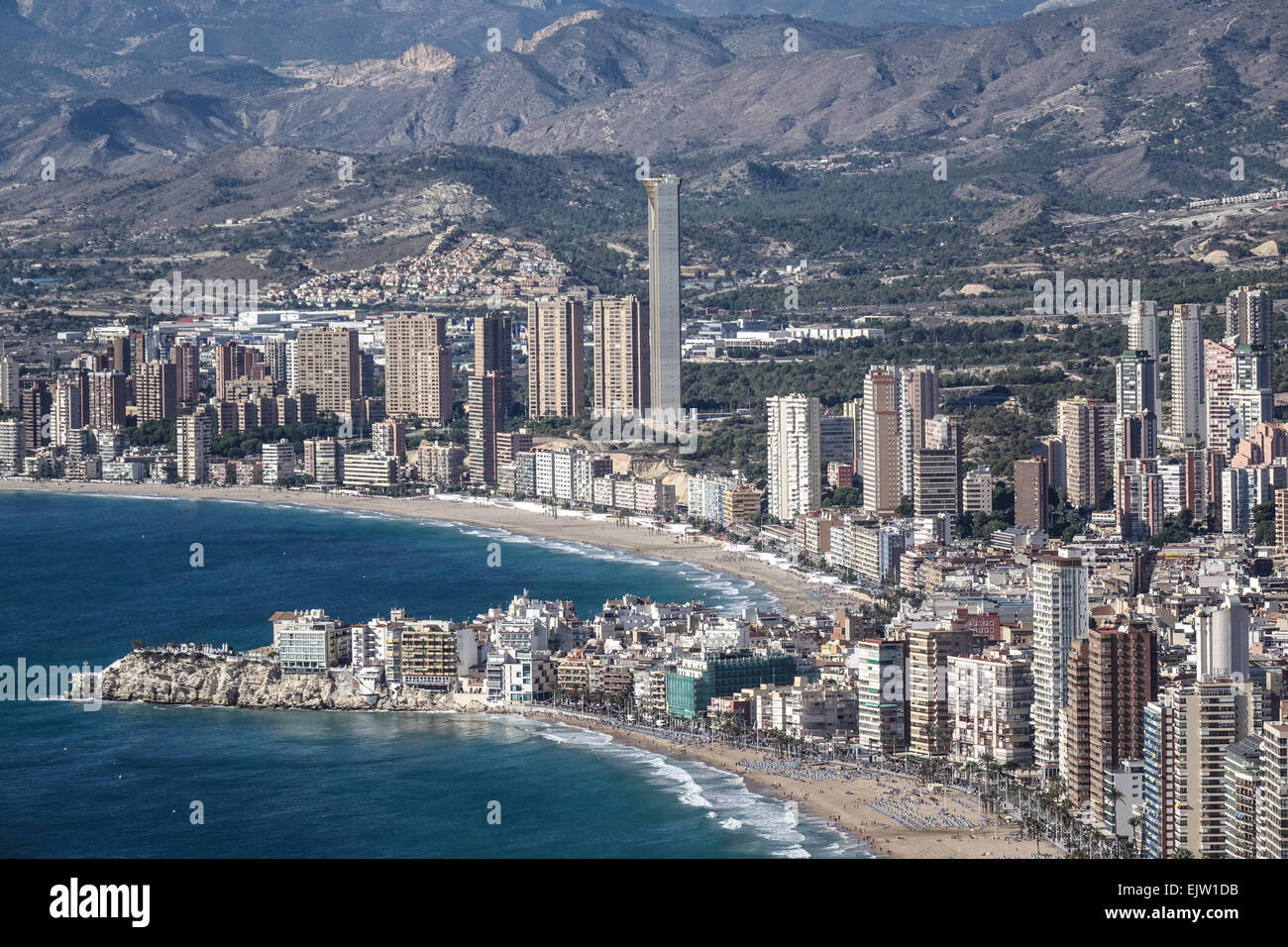 Benidorm aerial view from the cross overlooking the town, playa levante ...