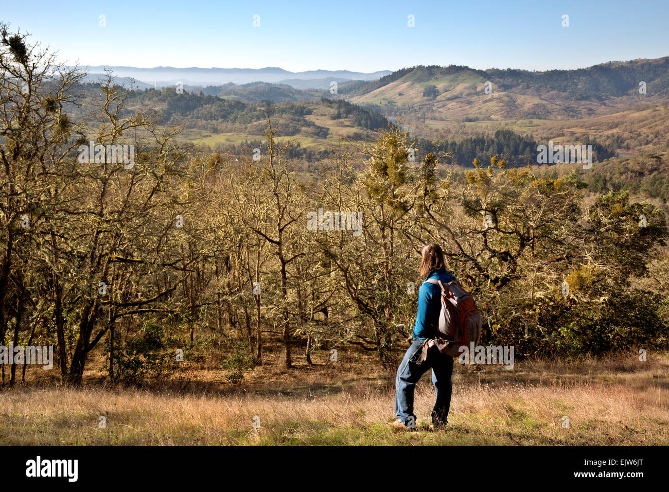 OREGON - Hiker on a grassy hillside in the North Bank Habitat ...