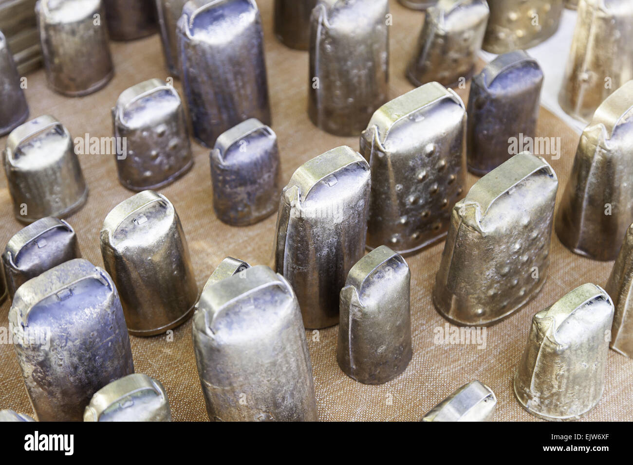 Handmade metal bells, detail of some instruments for animals Stock ...