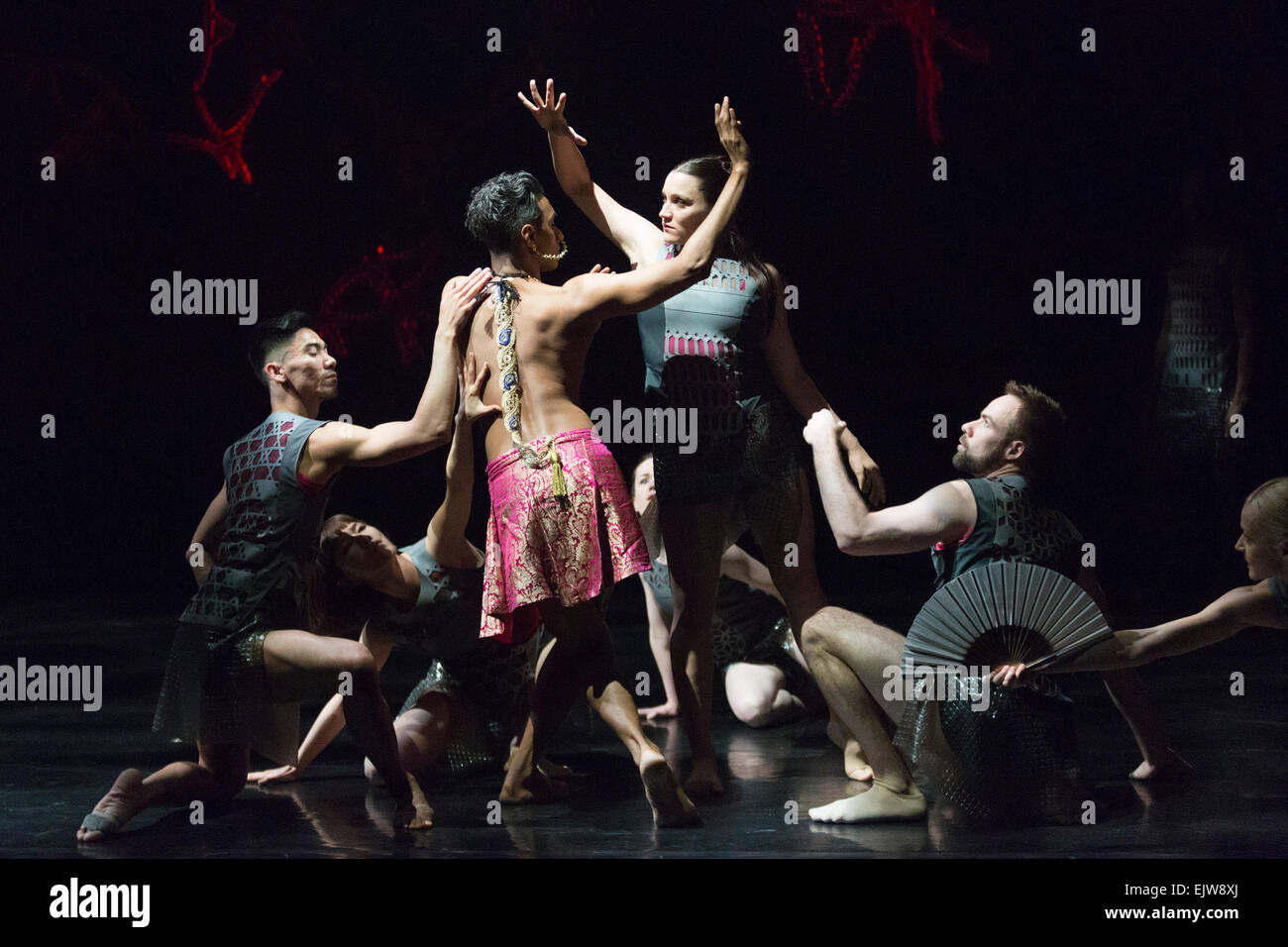Pictured: Sooraj Subramaniam (in red skirt). Shobana Jeyasingh Dance’s ...