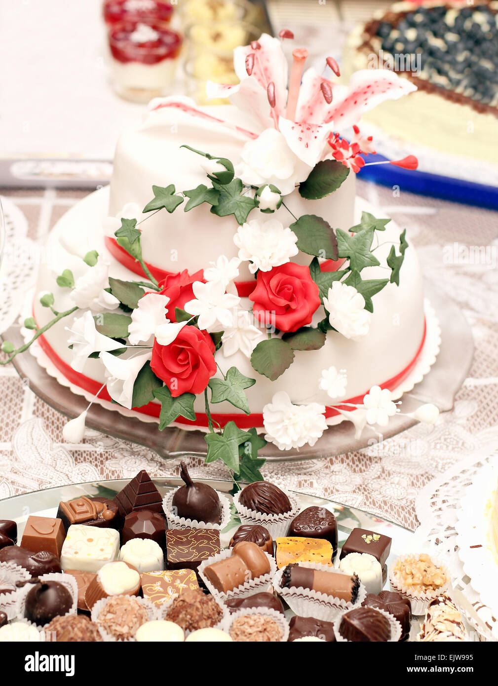 Magnificent cake with flowers in vintage style, top view Stock Photo ...