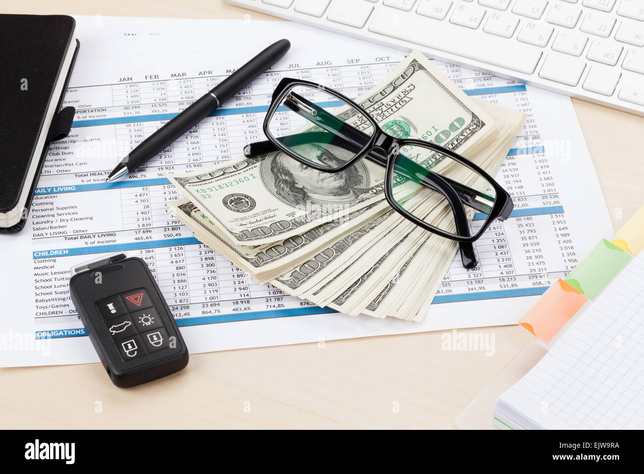 Office table with pc, supplies and money cash. View from above Stock ...