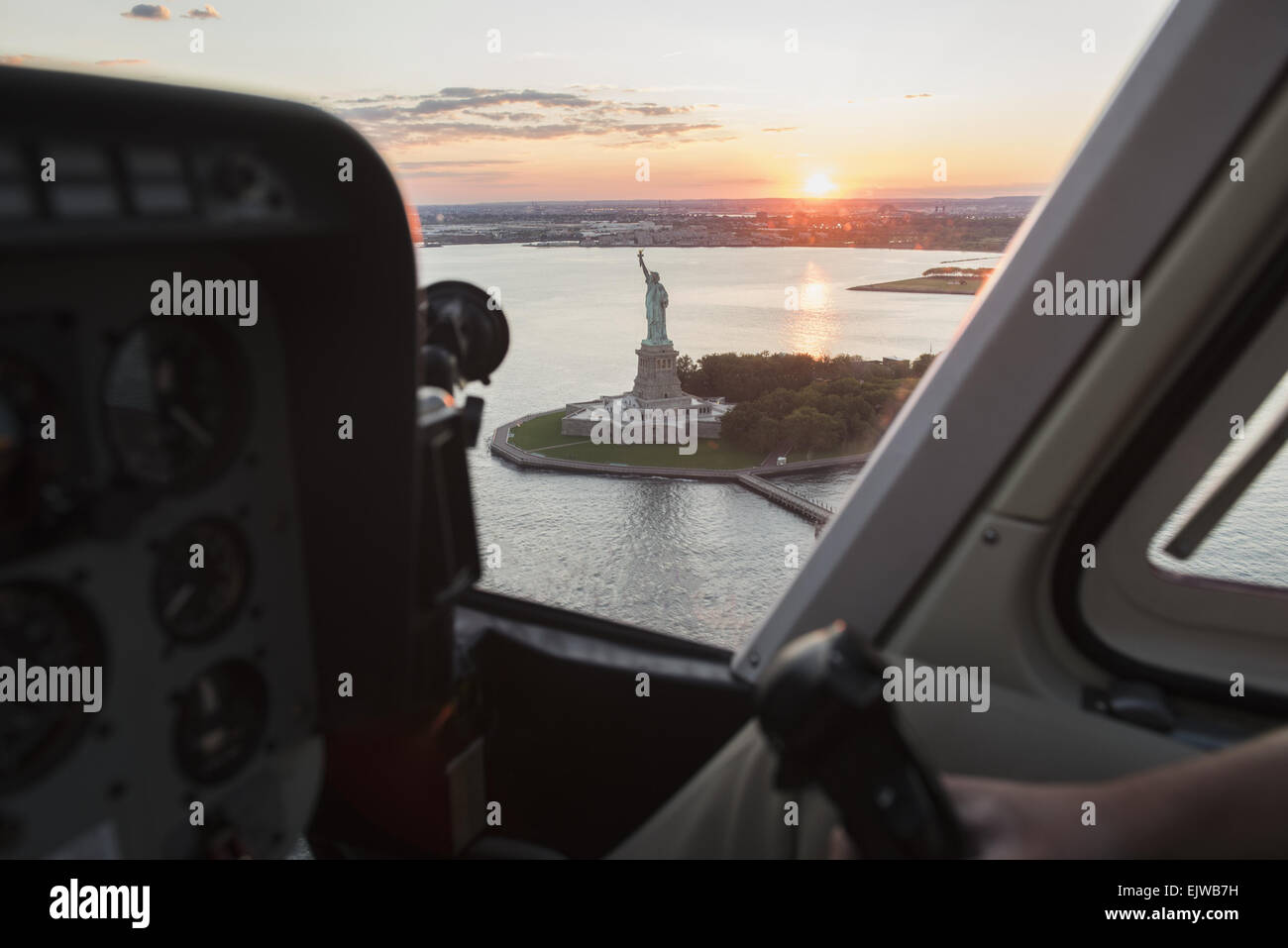 USA, New York State, New York City, Cockpit in helicopter and Statue of ...
