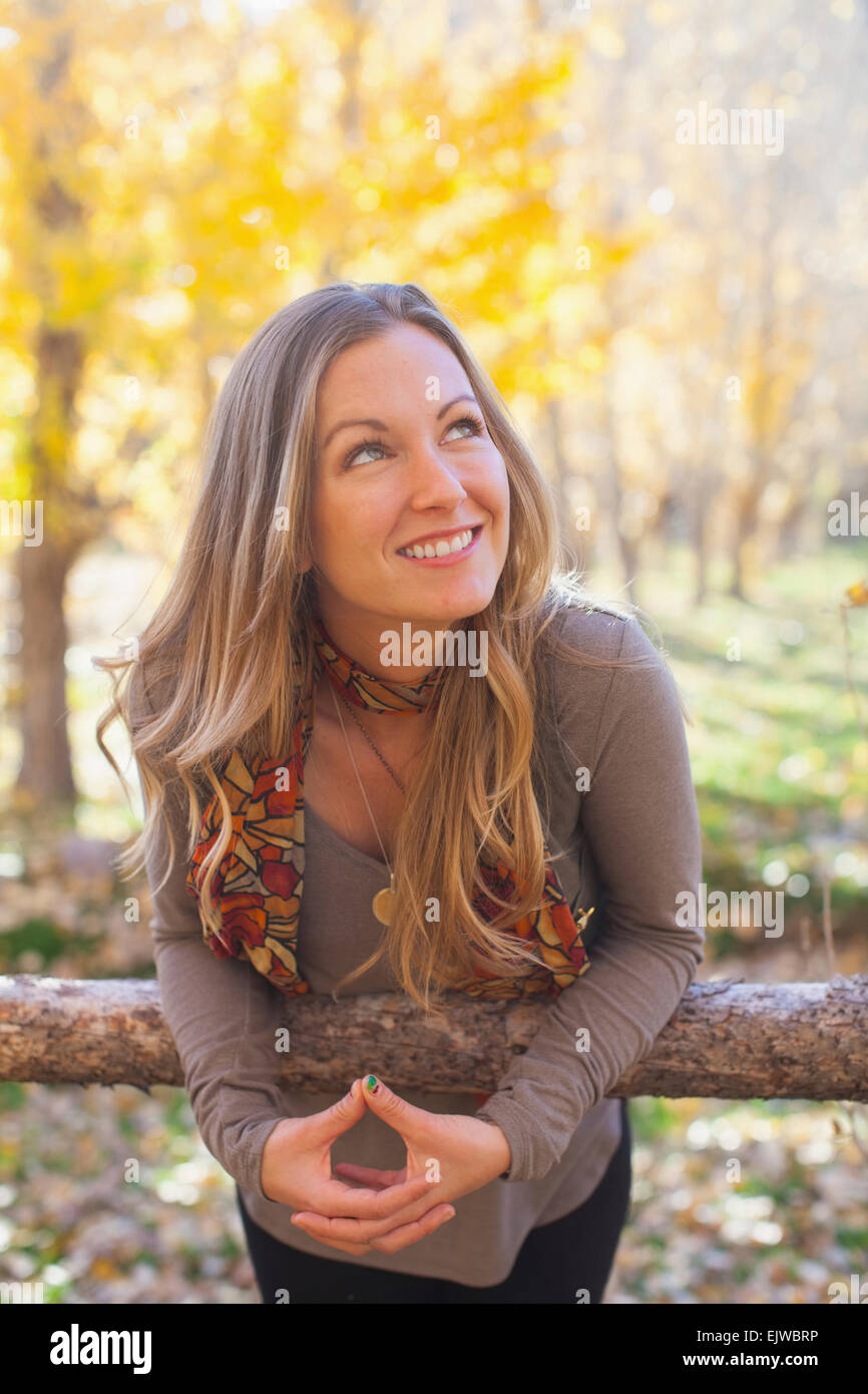 USA, Colorado, Portrait of smiling woman in forest Stock Photo - Alamy