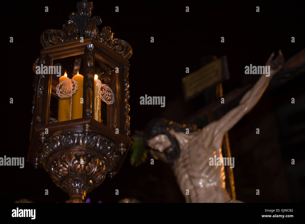 Jesus Christ on the cross during a procession of Holy Week in Spain ...