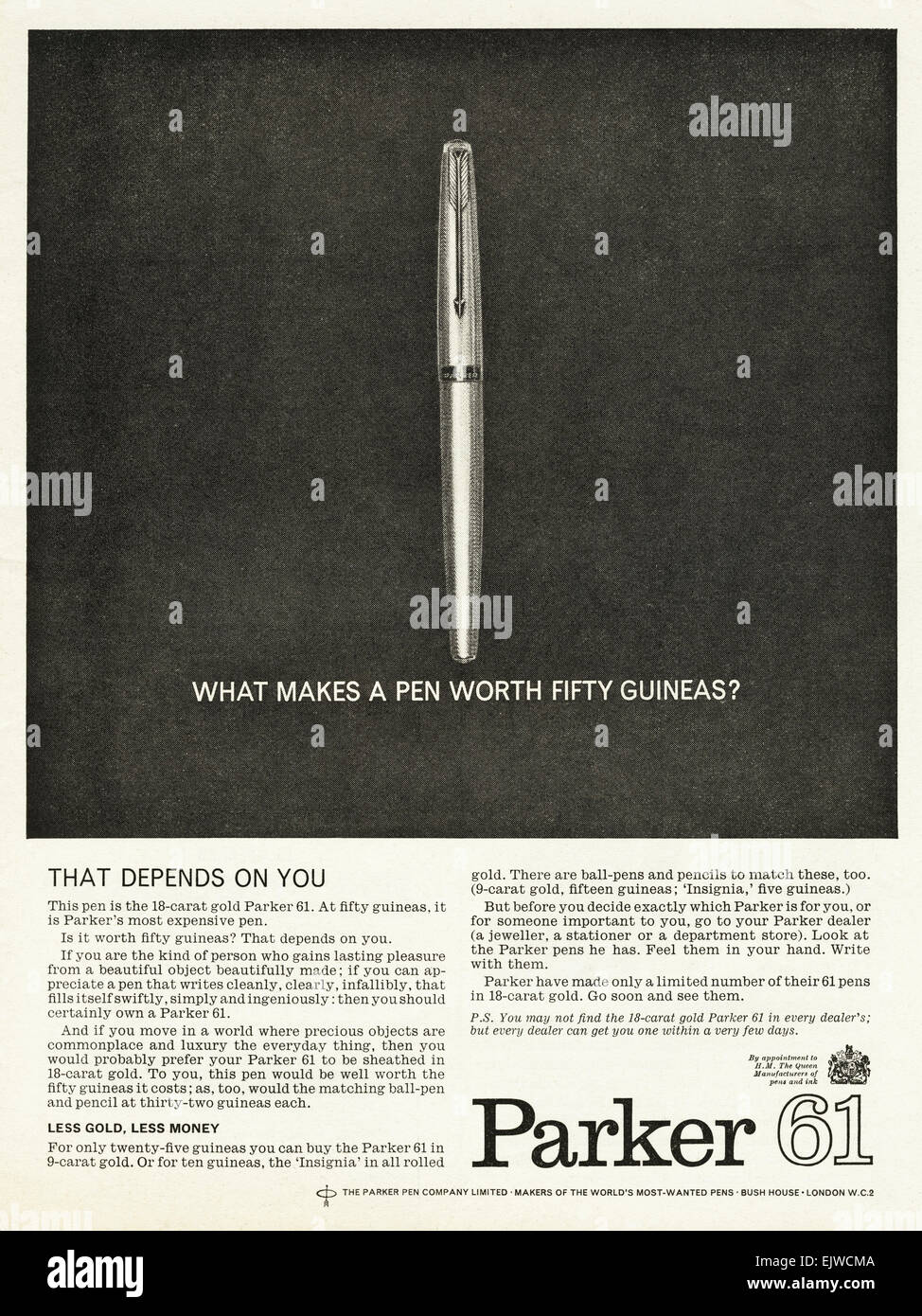 1960s advertisement magazine advert for PARKER 61 18 carat gold ...