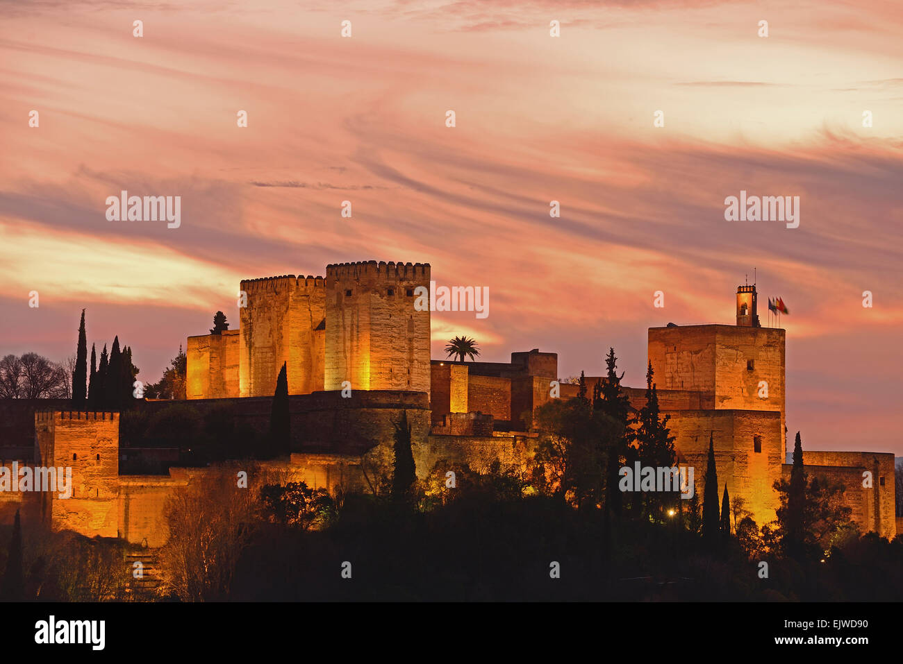 Spain, Andalucía, Granada, Alhambra, Illuminated castle at dusk, pastel ...