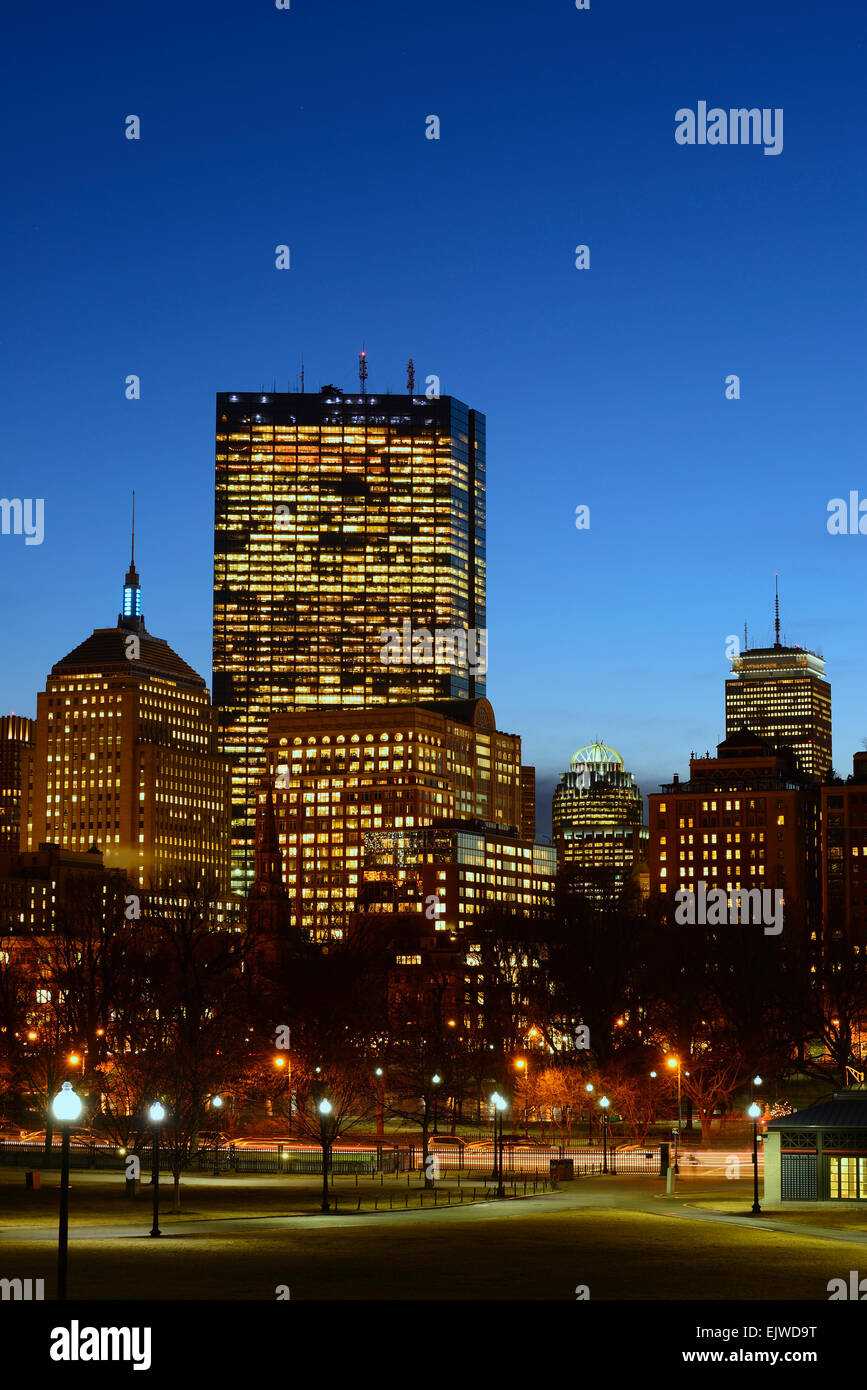 USA, Massachusetts, Boston, Copley Square, Illuminated office buildings ...