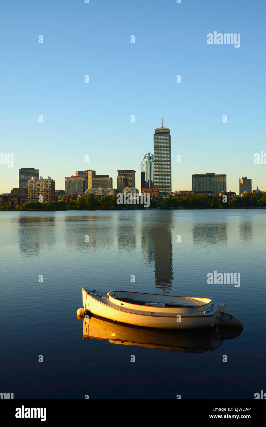 USA, Massachusetts, Boston, Charles River, Boat on river with skyline ...