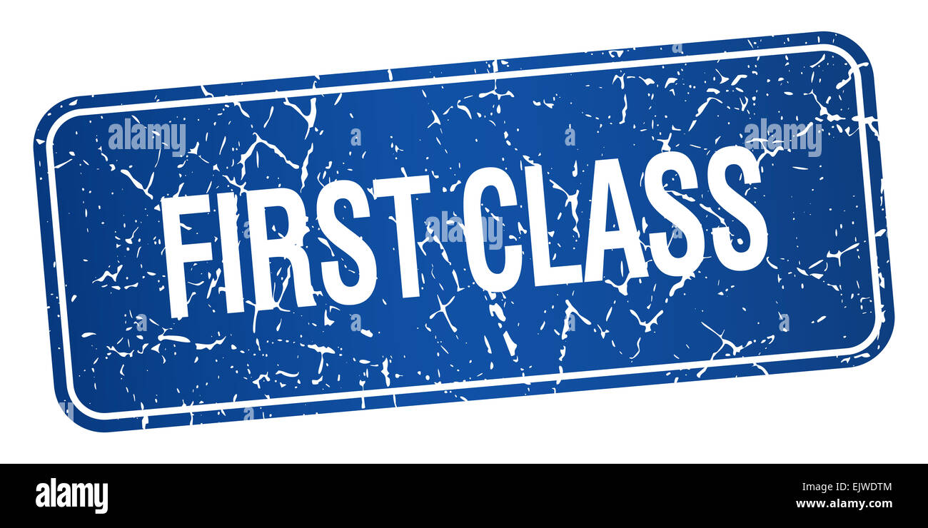 first class blue square grunge textured isolated stamp Stock Photo - Alamy