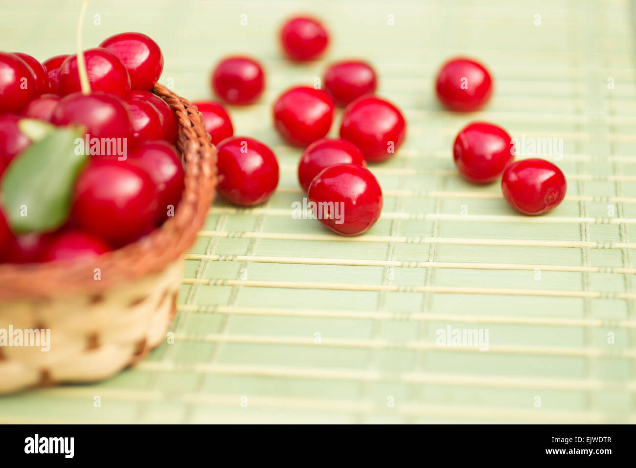 Organic Cherries in a Basket on a green background Stock Photo - Alamy