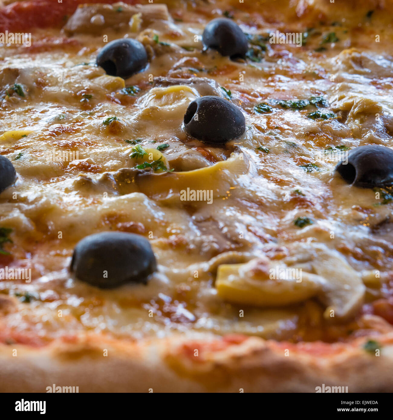 A close-up image of a slice Italian pizza with olives , mushrooms ...
