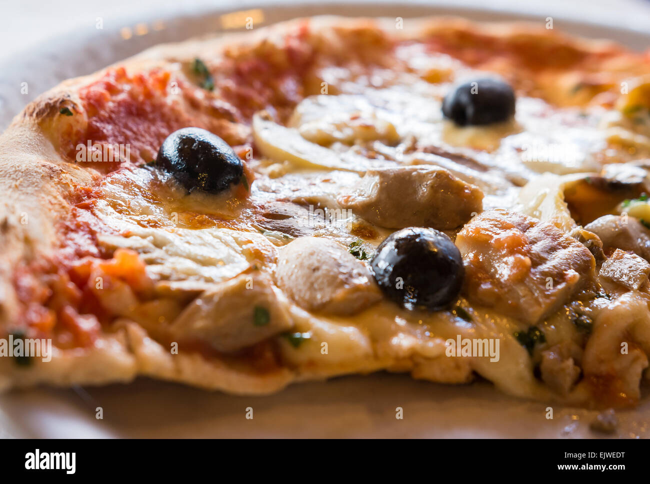 A close-up image of a slice Italian pizza with olives , mushrooms and ...