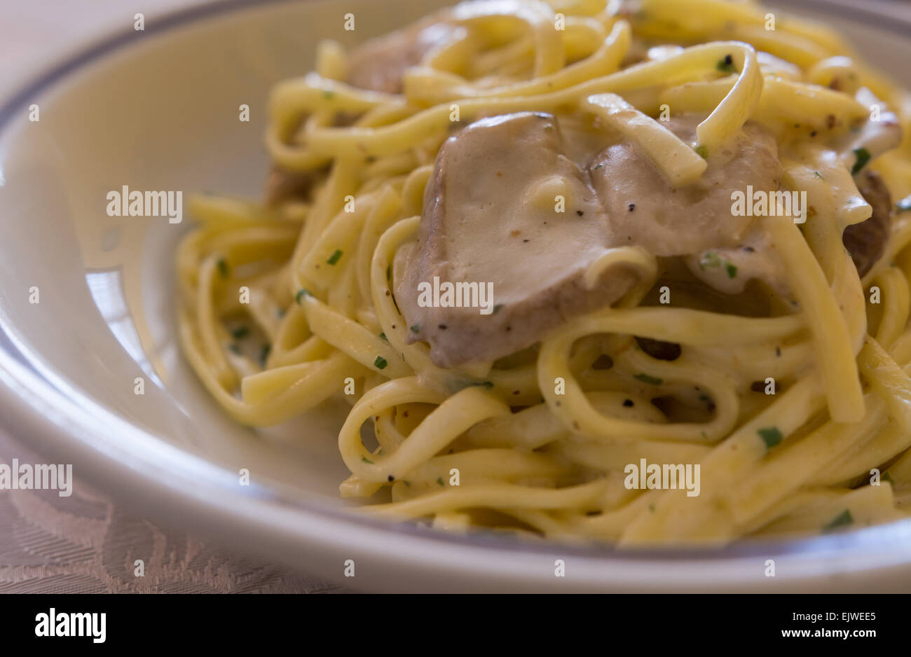 Close-up Italian pasta "Tagliolini" with mushrooms Porcini,cream and ...