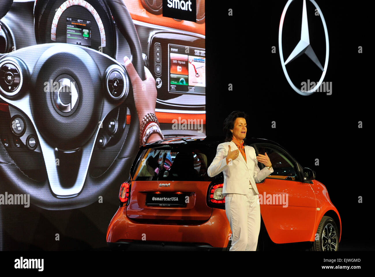 New York, USA. 1st Apr, 2015. Smart CEO Dr. Annette Winkler unveils the ...