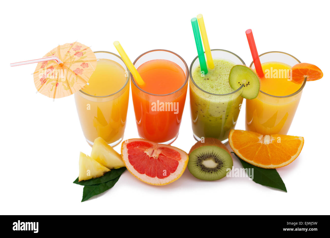 Tropical fruits and juice isolated on white Stock Photo - Alamy