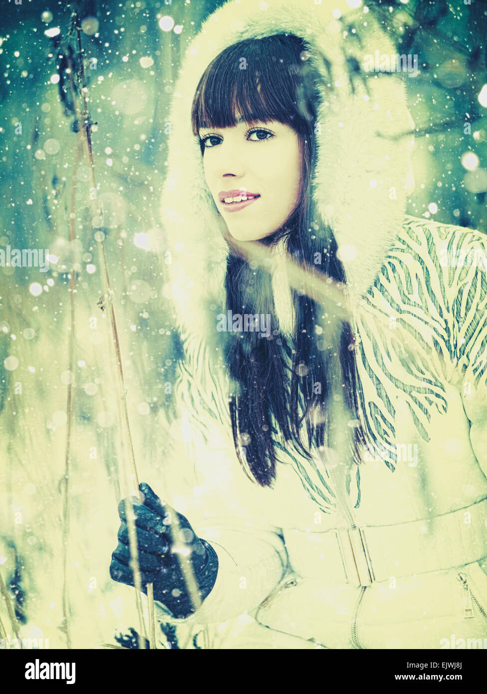 Beauty female portrait with winter snowfall as backgrounds Stock Photo ...