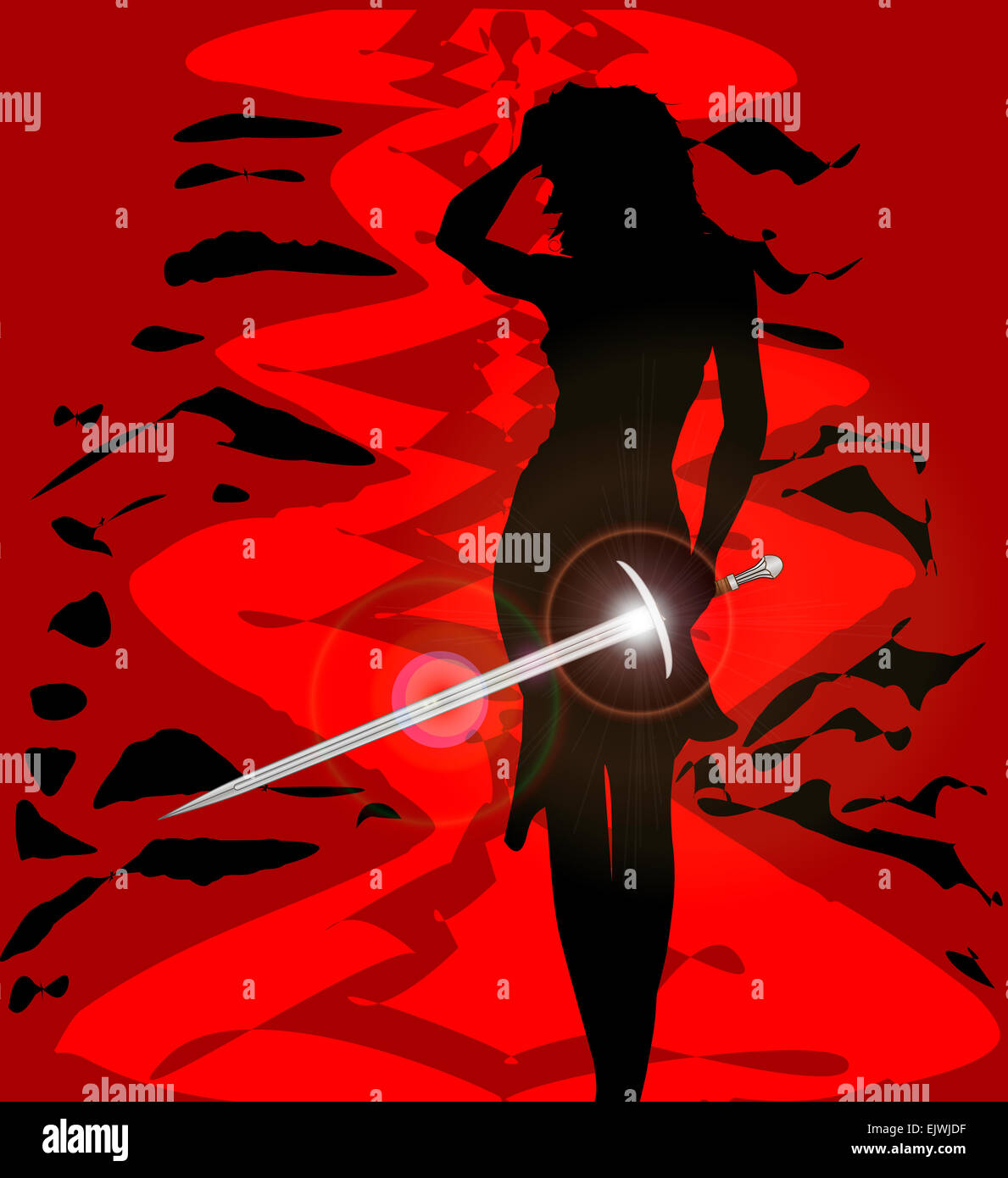 Woman with Excalibur King Arthur's broad sword set over an abstract red ...