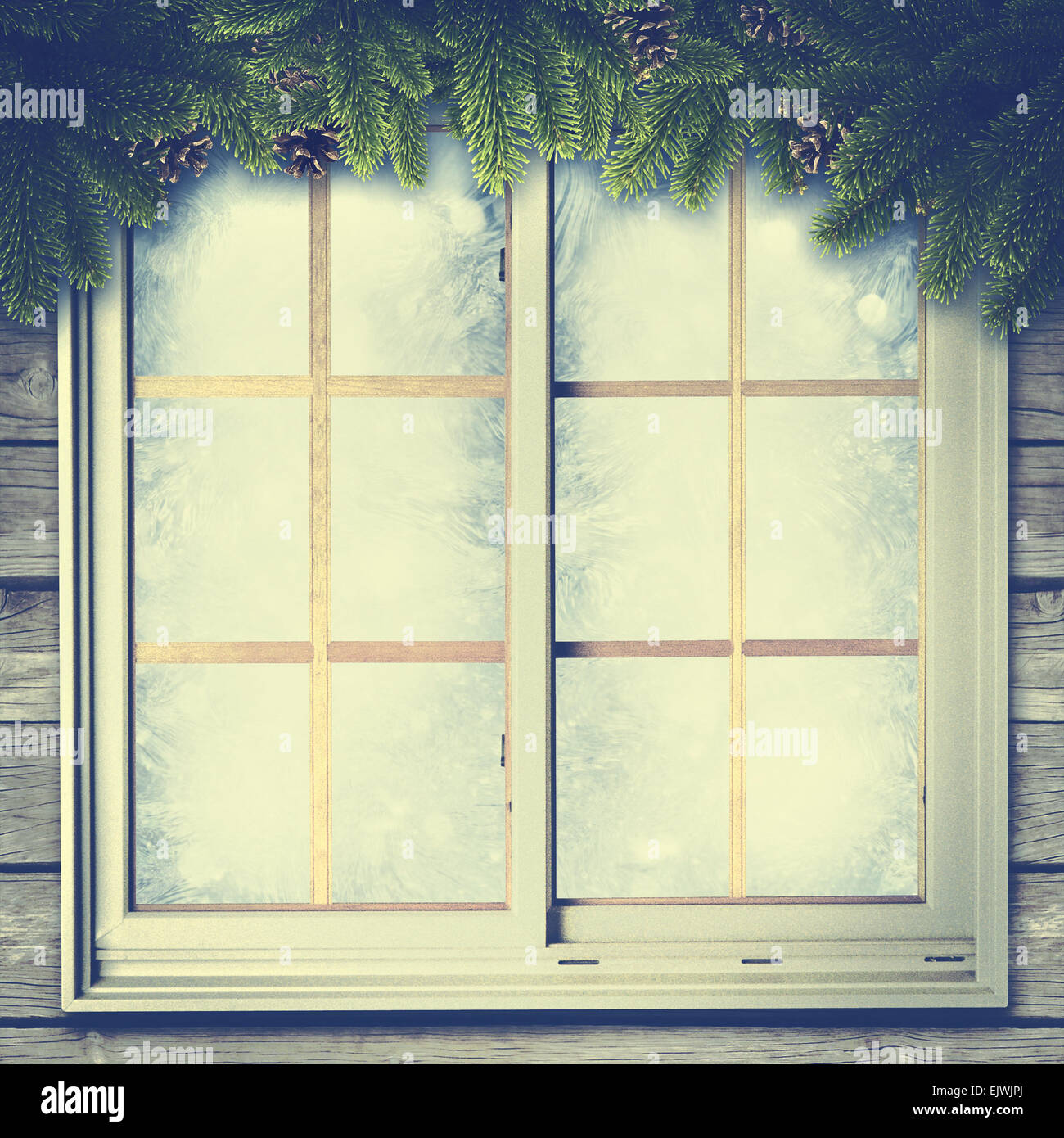 Abstract winter backgrounds with vintage window and pine tree Stock ...