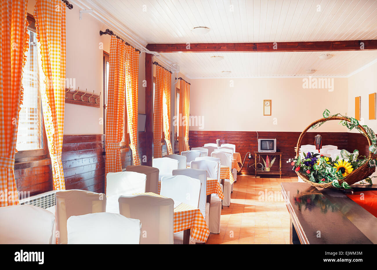 Classical restaurant interior, interesting old style curtains and ...
