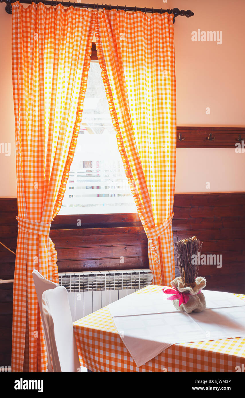 Classical restaurant interior, interesting old style curtains and ...