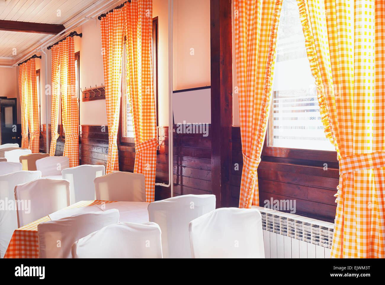 Classical restaurant interior, interesting old style curtains and ...