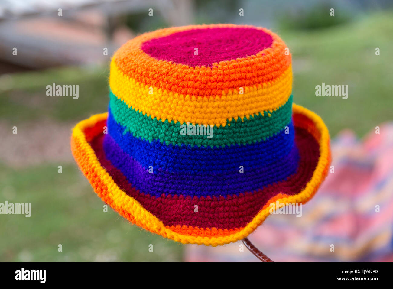 Peru, Urubamba Valley. Peruvian Hat, Traditional Incan Rainbow Colors ...
