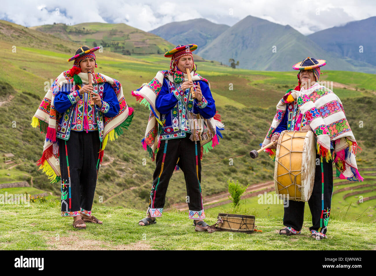 Peru, Moray, Urubamba Valley. Quechua Musicians at the Parador de Moray ...