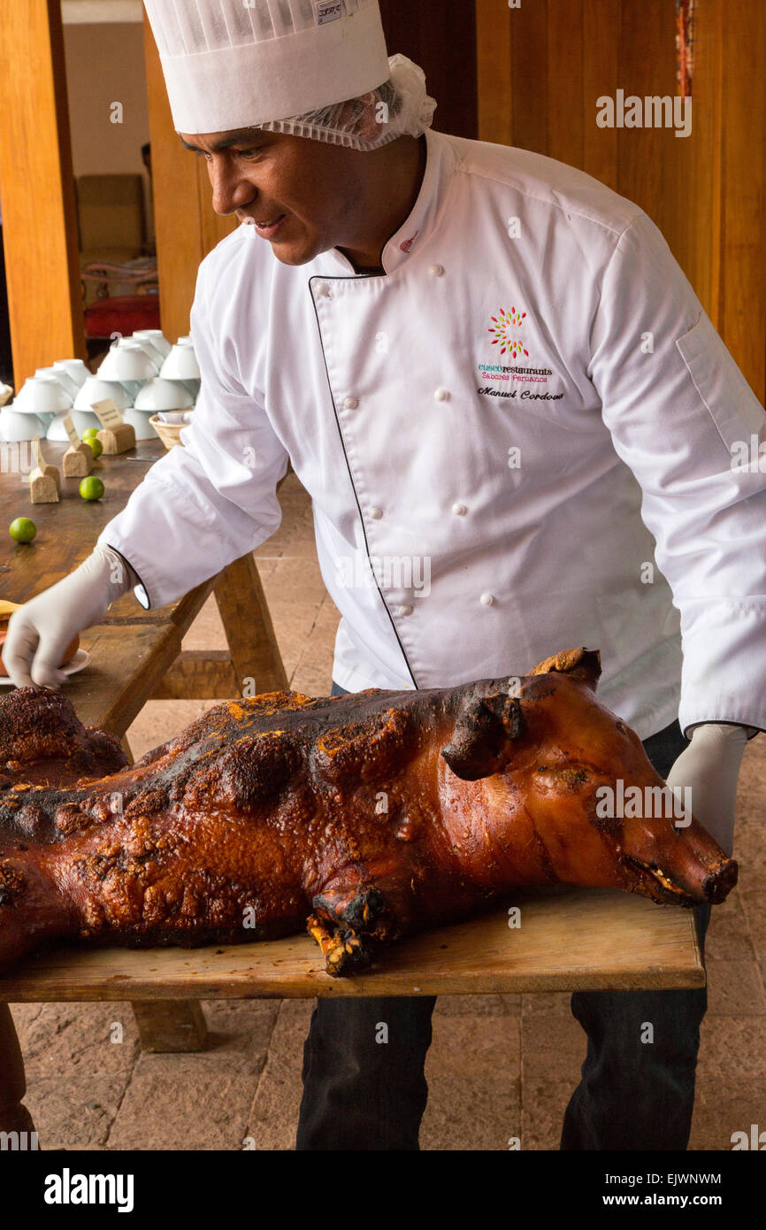 Peru, Moray, Urubamba Valley. Roast Pig, Buffet Lunch, Parador de Moray ...