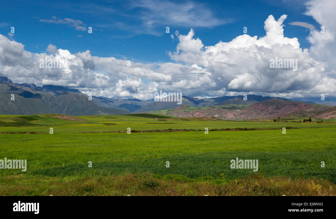 Peru, Moray, Urubamba Valley. Farmland, Andes Foothills in Background ...