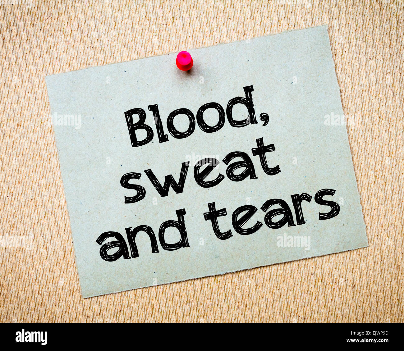 Blood, sweat and tears Message. Recycled paper note pinned on cork ...