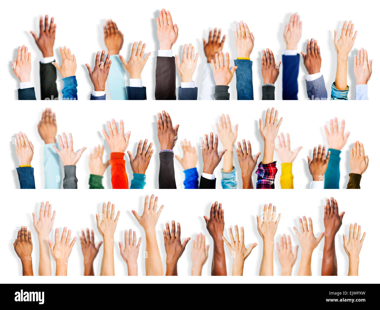 Group of Multiethnic Diverse Hands Raised Stock Photo - Alamy