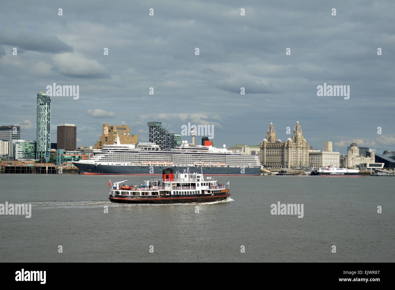 Liverpool waterfront with Cunard liner 'Queen Elizabeth' and the Mersey ...