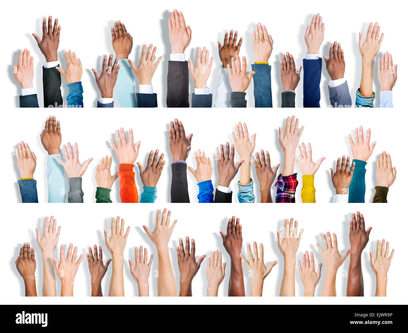 Group businessmen hands up hi-res stock photography and images - Alamy