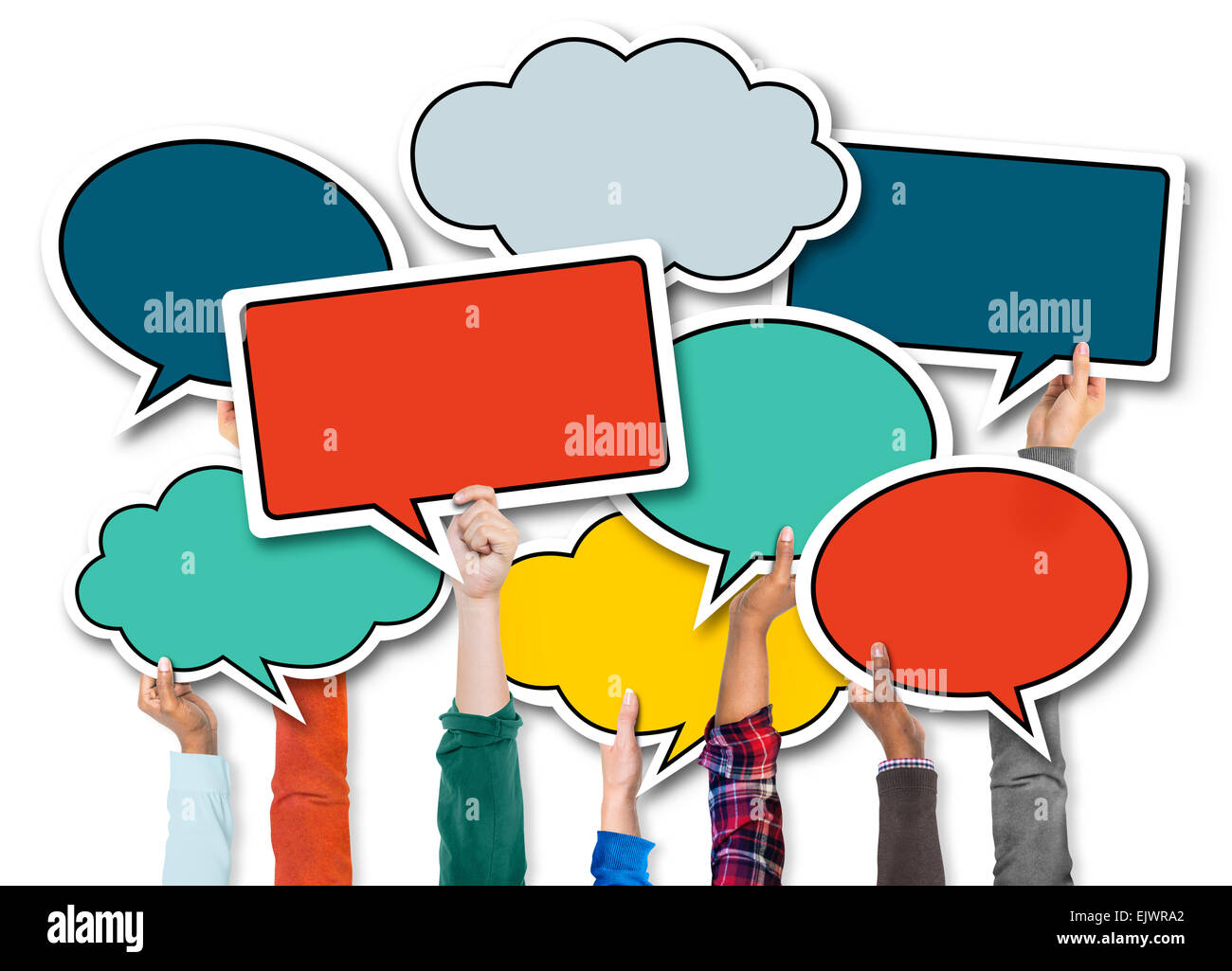 Group of Diverse People Holding Colorful Speech Bubbles Stock Photo - Alamy
