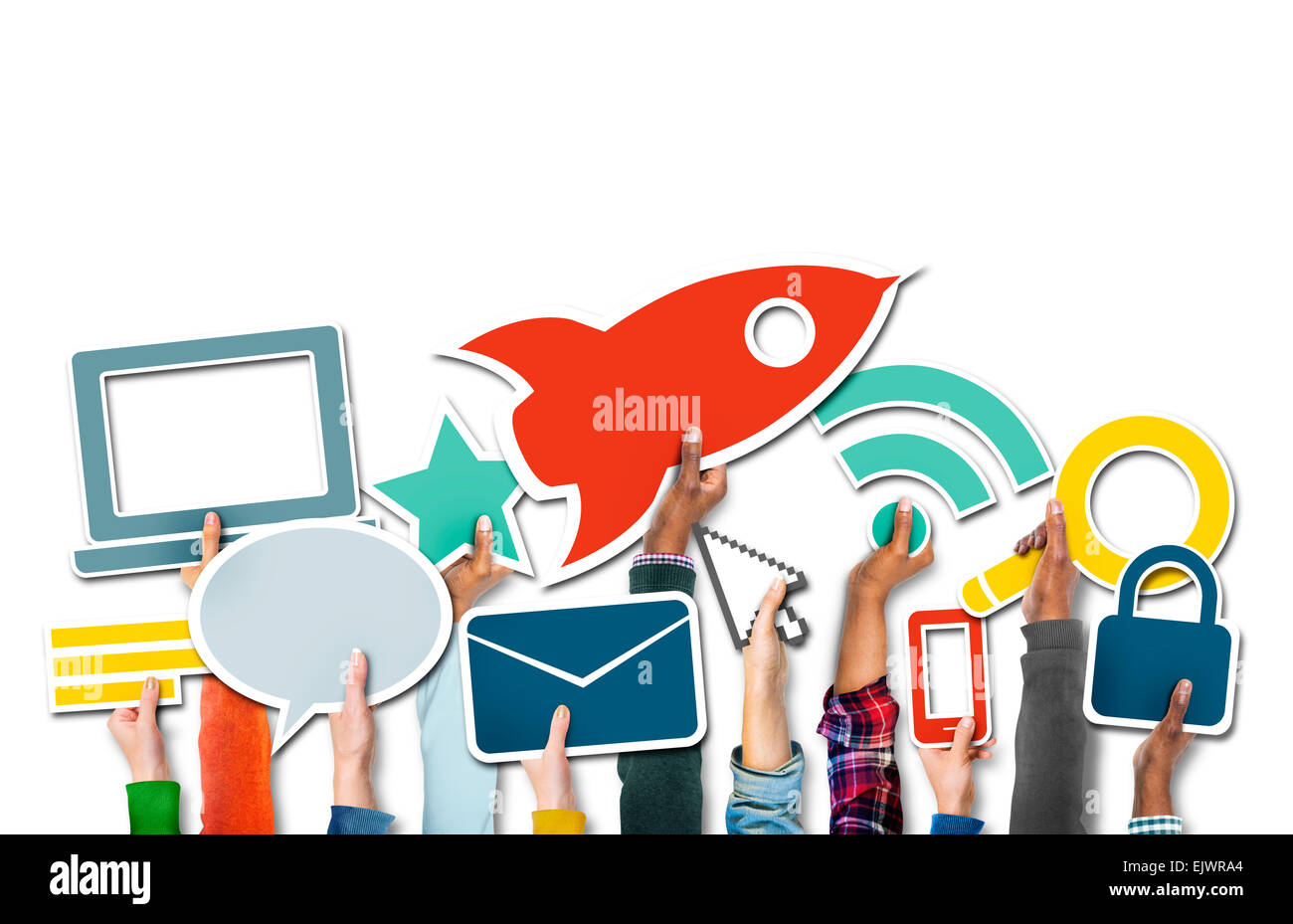 Diverse Hands Holding Various Symbols Stock Photo - Alamy