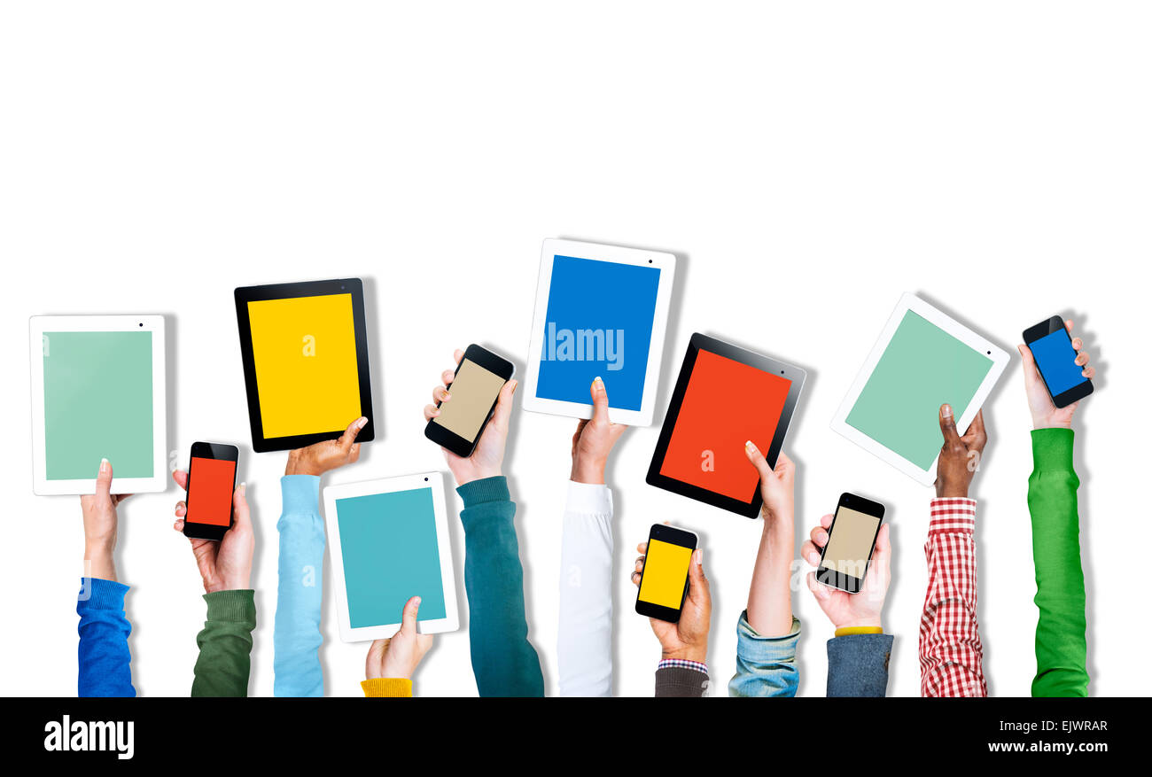 Group of Diverse Hands Holding Digital Devices Stock Photo - Alamy