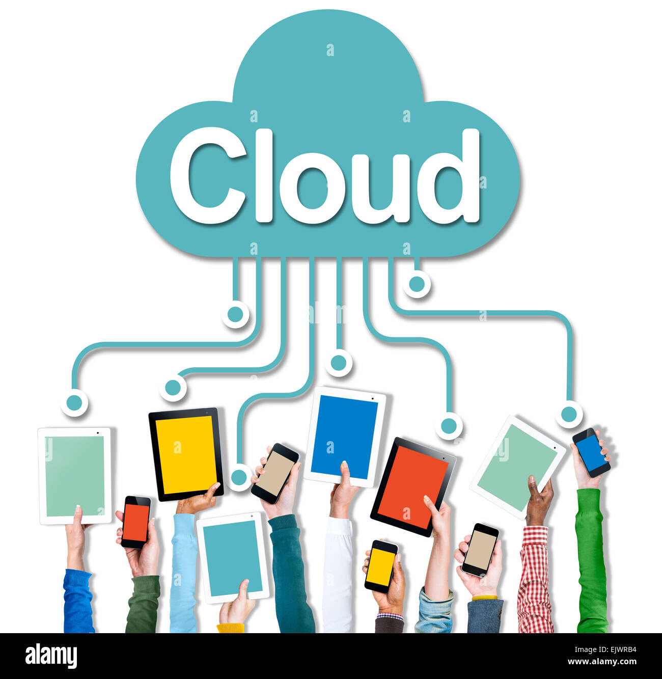 Hands Holding Digital Devices Cloud Networking Stock Photo - Alamy