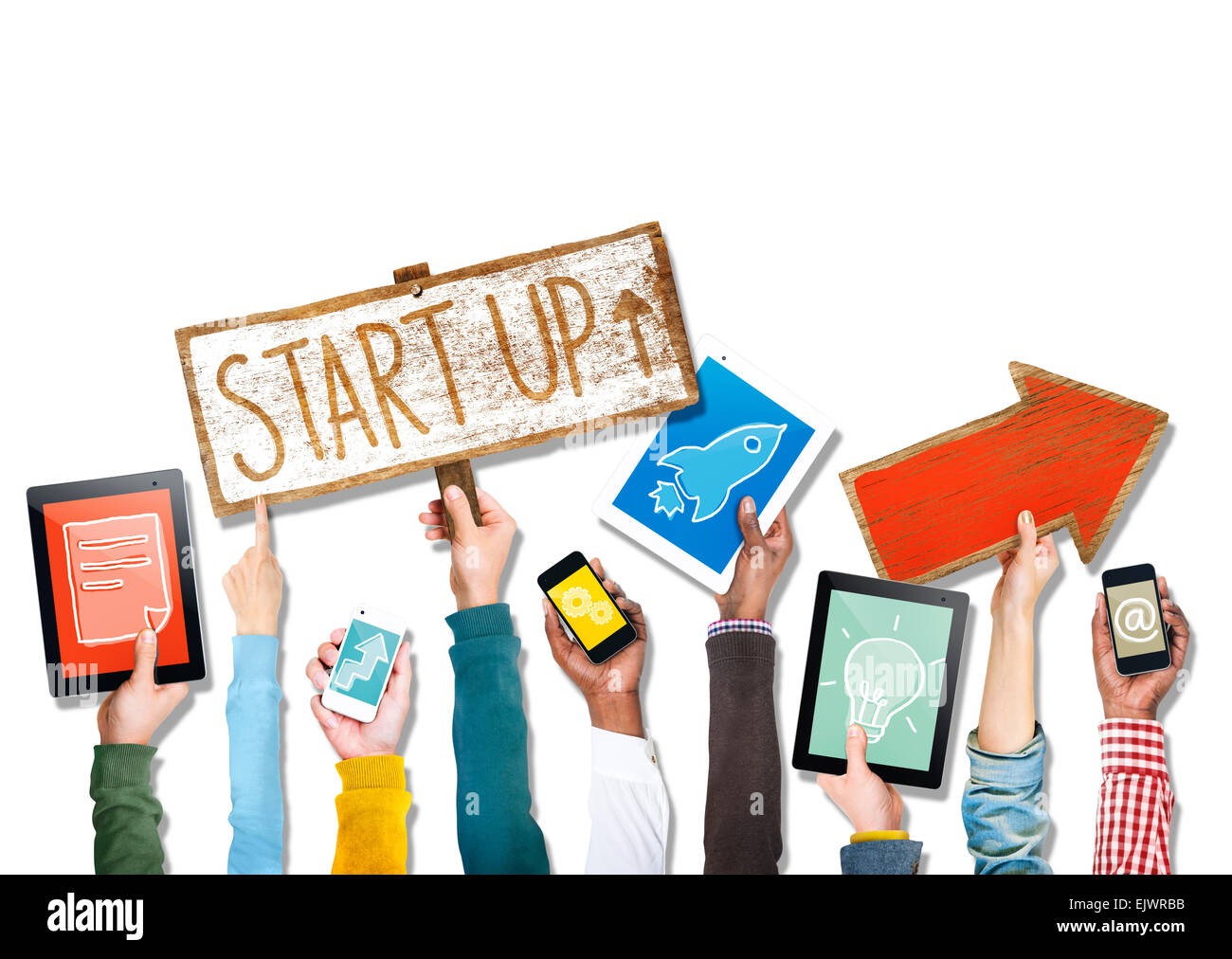 Hands Holding Devices Start Up Symbols Stock Photo - Alamy