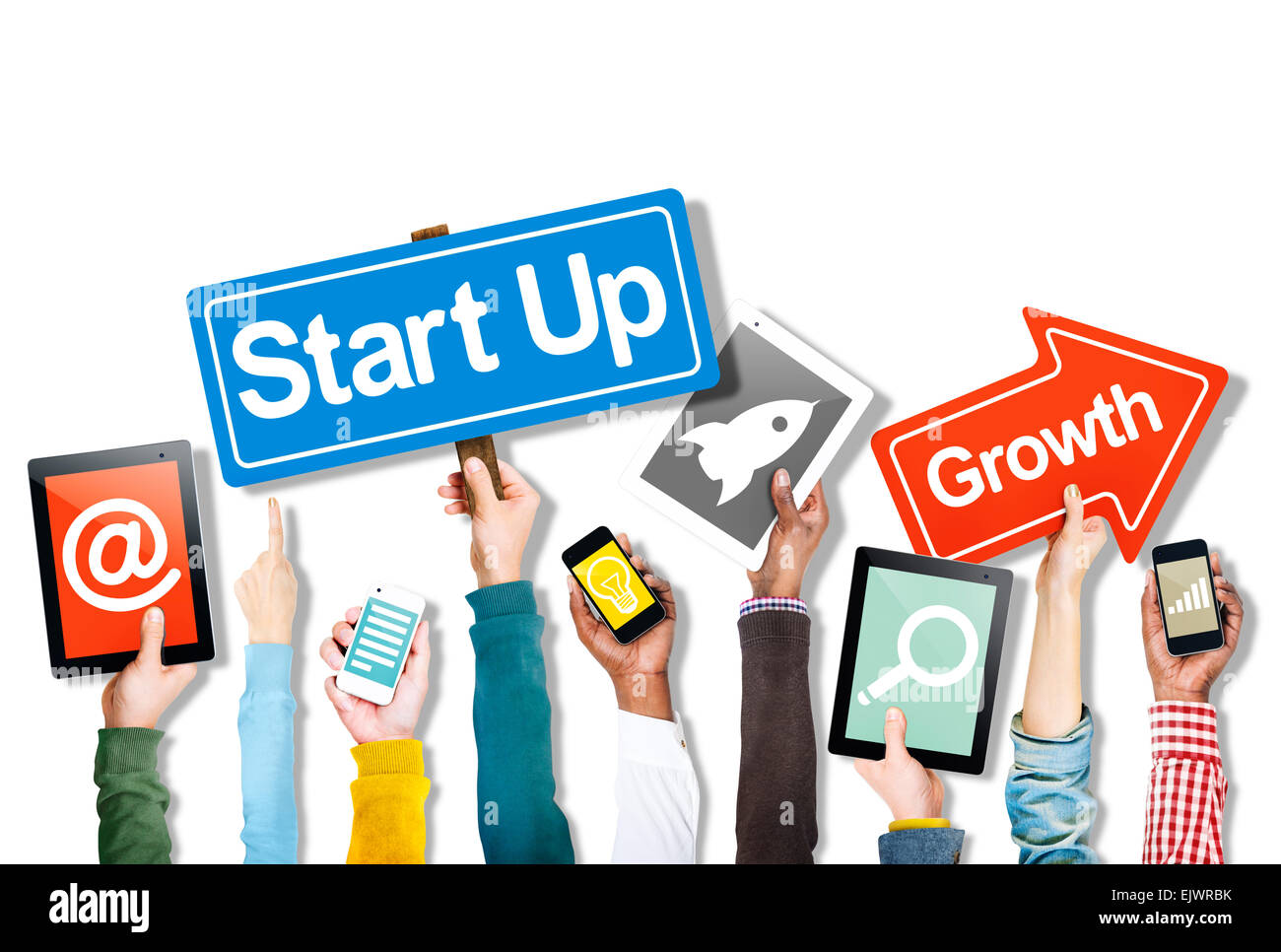 Hands Holding Devices Start Up Symbols Stock Photo - Alamy