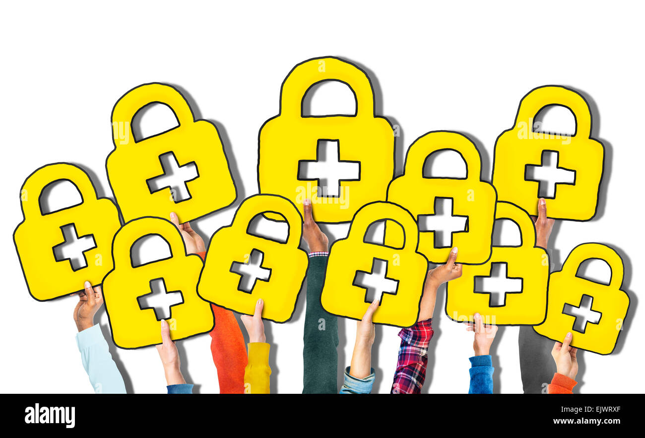 Group of Hands Holding Padlock Stock Photo - Alamy