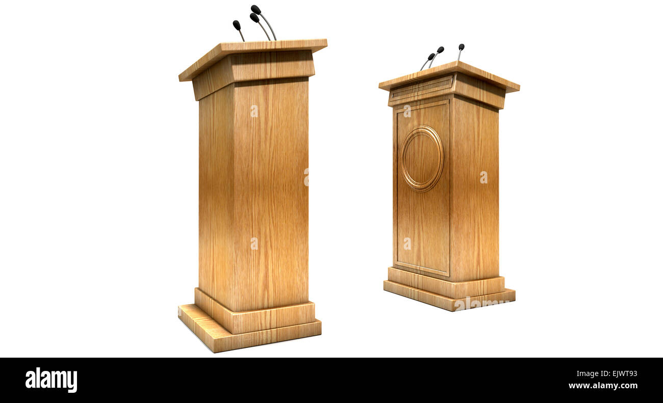 Two opposing regular wooden debate podiums signifying a debate on an ...