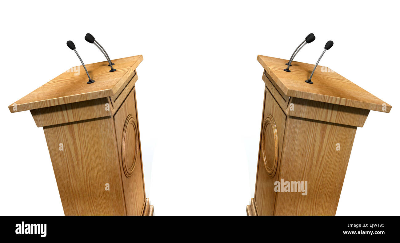 Two opposing regular wooden debate podiums signifying a debate on an ...