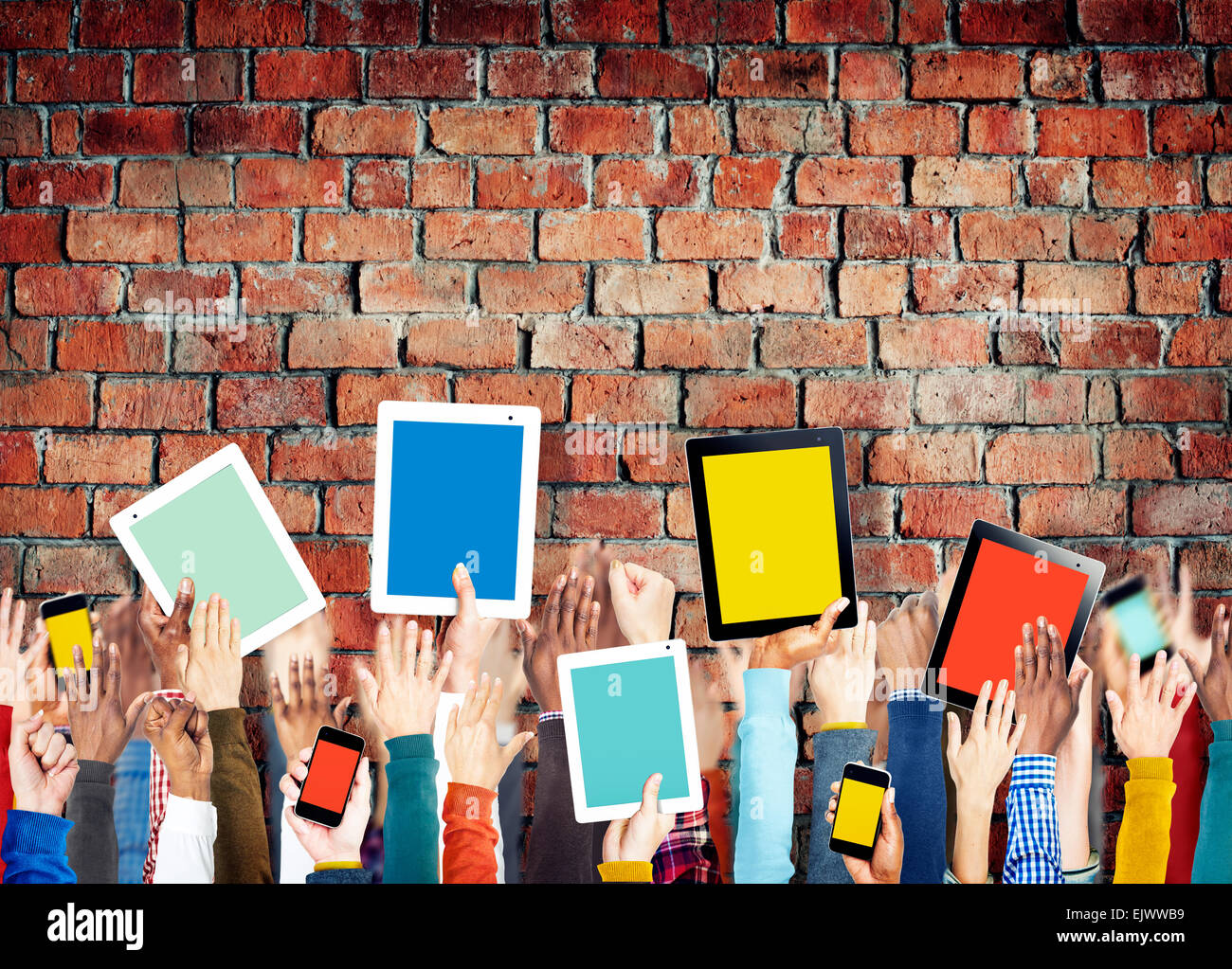 Hands Holding Digital Devices with Colorful Screens Stock Photo - Alamy
