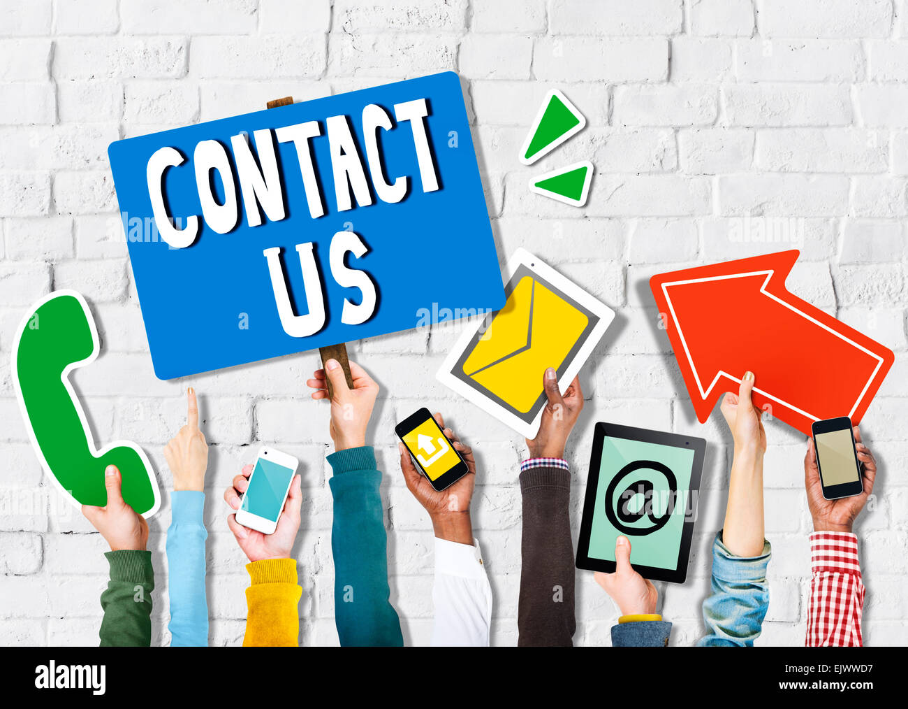 Hands Holding Devices Contact Us Concept Stock Photo - Alamy