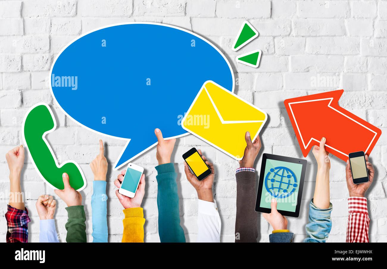 Group of Hands Holding Digital Devices with Global Communications ...