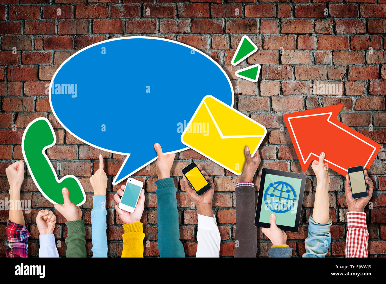 Group of Hands Holding Digital Devices Global Communications Stock ...