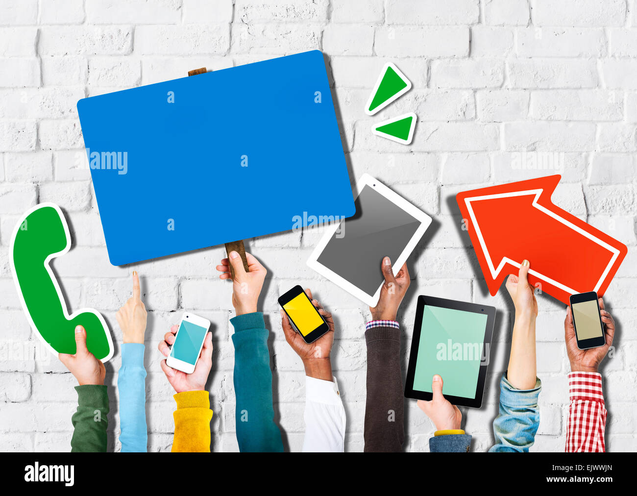 Diverse Hands Holding Communication Symbols Stock Photo - Alamy